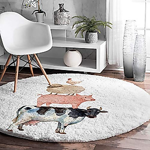 Shag Area Rug, 3ft Indoor Round Area Rugs- Cow Pig Sheep Chicken Farmhouse Animal Pattern Shaggy Carpet Nursery Rug for Kids Baby Bedroom Living Room Home Decor