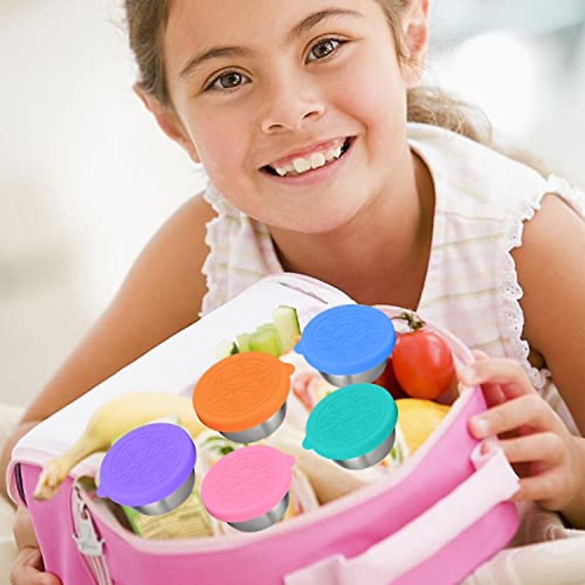 6x1.6 oz Salad Dressing Container To Go, Fits in Bento Box for Lunch, 18/8 Stainless Steel Condiment Containers with Lids, Easy Open, Leakproof, Rainbow Color Reusable Small Dipping Sauce Cups Set