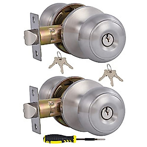 2 Pack Entry Door Knob with Lock and Keys All Alike, Exterior/Interior Door Handles for Bedroom or Bathroom,Satin Stainless Steel Door knobs for Front Door