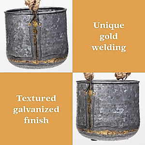 Avera Products Lasso Bucket Set of 2 | Galvanized Metal Bucket Planters for Indoor Plants, Rustic Metal with Gold Weld Trim, includes Drainage Holes