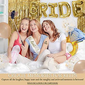 PARTY2YOU Bachelorette Party Gold Decorations | Bridal Shower Supplies Kit - Bride Sash, XL Ring Balloon, Gold Curtain, BRIDE, Latex Balloons, eco Friendly Gold Straws