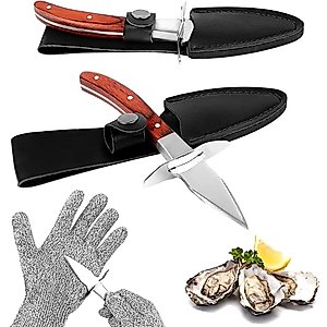 2 Pcs Oyster Shucking Knife, Level 5 Protection Oyster Shucking Gloves, Oyster Shucking Kits with Lemon Squeezer, Seafood Opener Kit Tools Gift