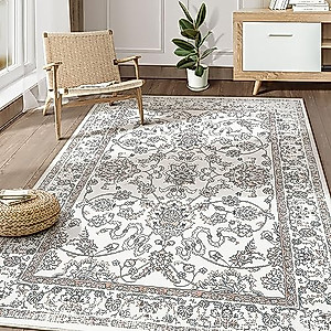 Area Rug Living Room Rugs - 5x7 Machine Washable Soft Farmhouse Boho Moroccan Floral Thin Rug Indoor Floor Carpet for Bedroom Under Dining Table Home Office Decor - Brown
