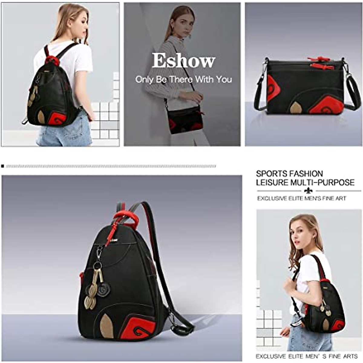 Eshow Small Backpack Purse for Women PU Leather Women's Backpack 2 Way Convertible Casual School Backpacks Hobo Handbag-2 Pcs