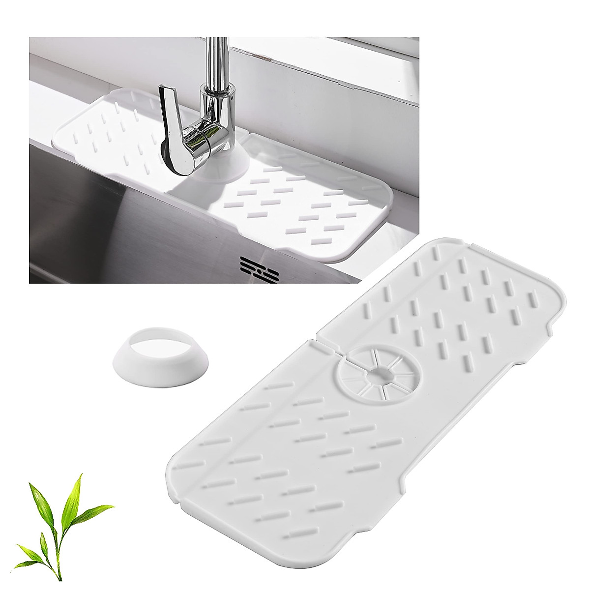 bepinkind Silicone Faucet Splash Guard-[Upgrade Steeper Slope],Silicone Faucet Water Catcher Mat, Silicone Sink Mat for Kitchen/Bathroom,Silicone Faucet Mat Sink Water Splash Guard. (Tilt-White)