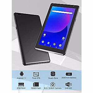ATOZEE Android 11.0 Tablet, 7 Inch Tablets, Quad-Core 1.5GHz Processor, 32GB Storage, 2GB RAM, Dual Camera,1024 x 600 IPS HD Display Screen,128GB Expand, WiFi, BT, Black 7" Tablet.