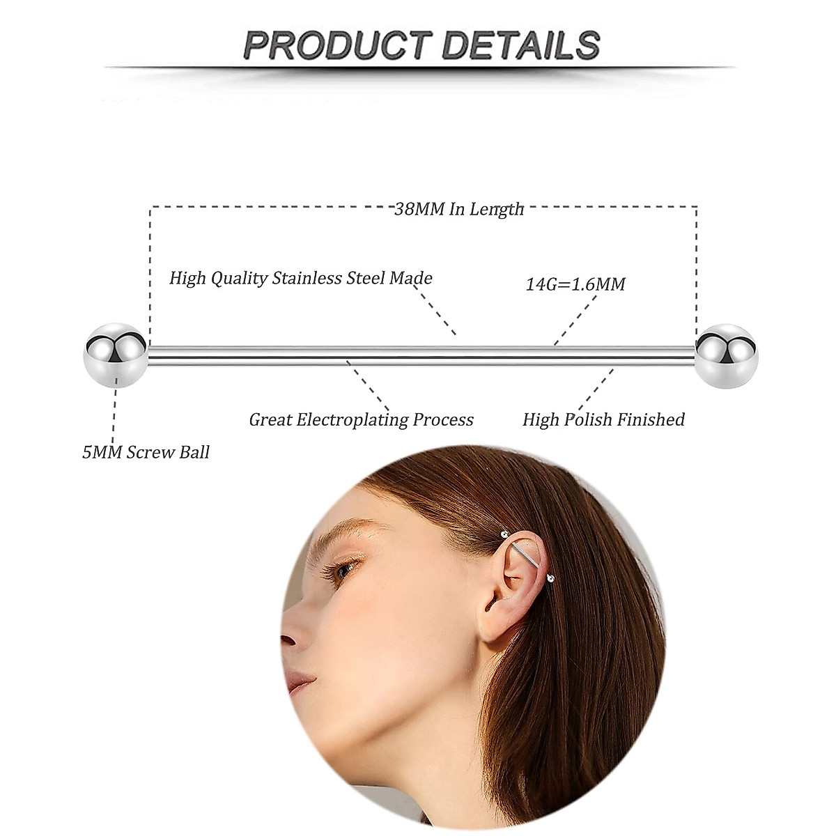 YOVORO 24Pcs 14G Stainless Steel Industrial Barbell Earrings for Women Men Cartilage Helix Piercing Jewelry Industrial Piercing Bar 38MM S