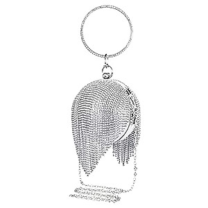 Women Evening Purses, Small Round Ball Crystal Tassel Clutch Bag, Rhinestone Lady Party Wedding Crossbody Shoulder Ring Handle Handbag (Silver)