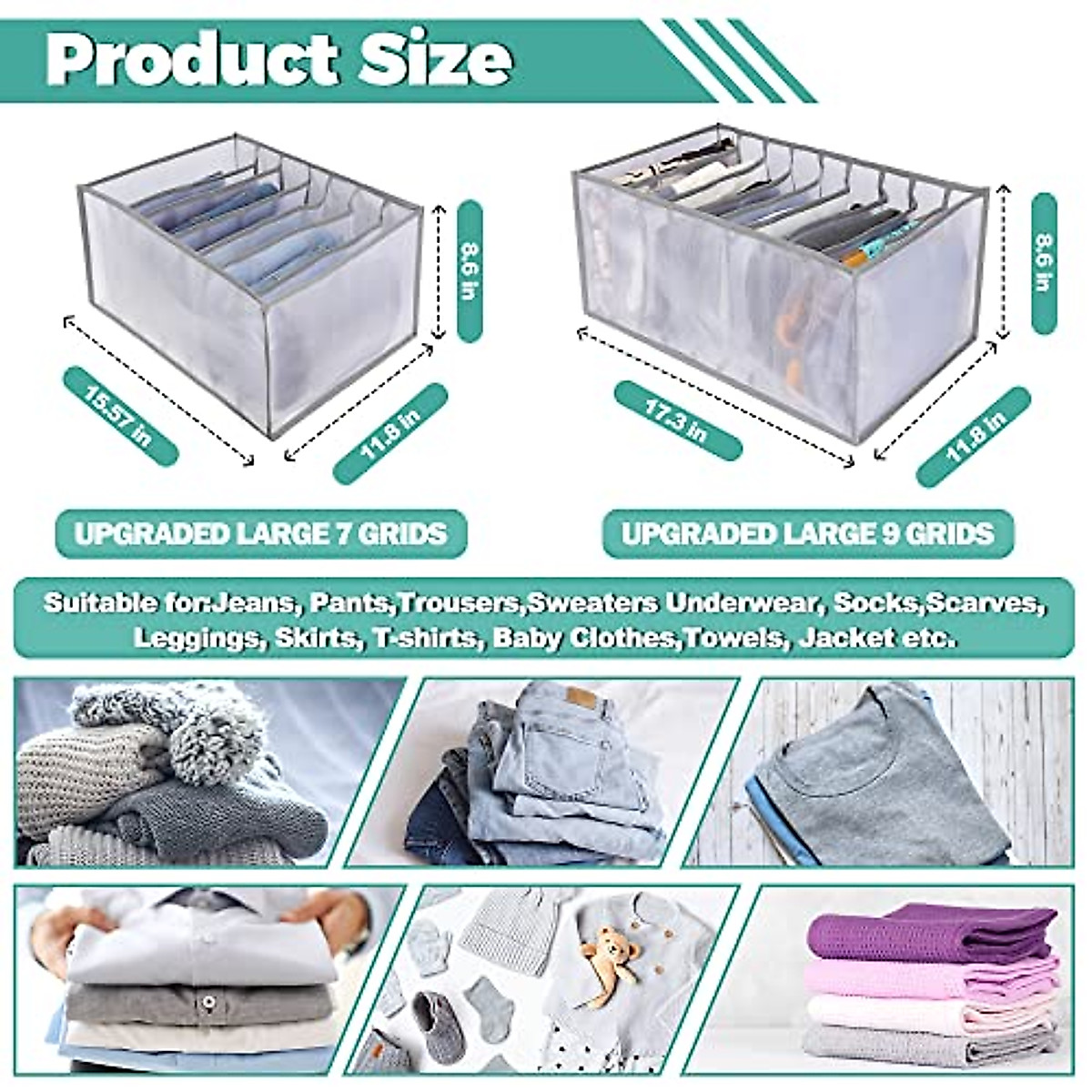 2 Pcs Wardrobe Clothes Organizer Upgrade Foldable Pants Clothes Drawer Organizers Large Washable Compartment Storage Box for Jeans T-shirts Leggings(7 Grids)