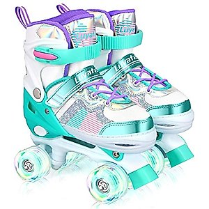 Luyata Roller Skates for Girls Boys Adjustable, 4 Size Ages 6-12 & 3-5, Kids Roller Skates with Light Up 8 Shining Wheels, 3 Color Shining Roller Skates for Toddlers Boys Girls Beginners