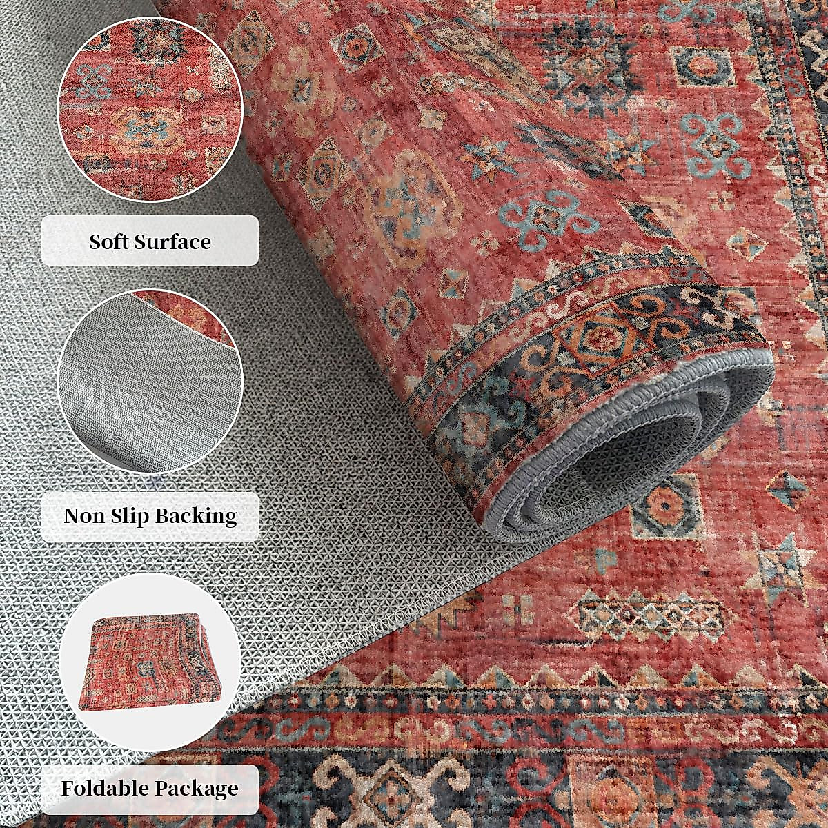 QQL Rug for Living Room, Machine Washable Area Rugs 9'x12' for Bedroom, Ultra-Soft Non-Shedding Faux Wool Vintage Design Boho Low Pile Mat Throw Carpet，Stain Resistant Rugs with Non-Slip Backing