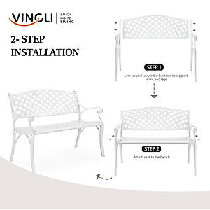 VINGLI 40.5" Outdoor Bench Patio Garden Bench, Anti- Rust Cast Aluminum Patio Bench Front Porch Bench for Yard Lawn Entryway Deck (White)