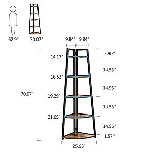 Rustic 5 tier 70 Inch Tall corner Shelf Bookshelf, Industrial Small Bookcase Corner Shelf Stand Furniture Plant Stand for Living Room, Small Space, Kitchen, Home Office (Rustic Brown)