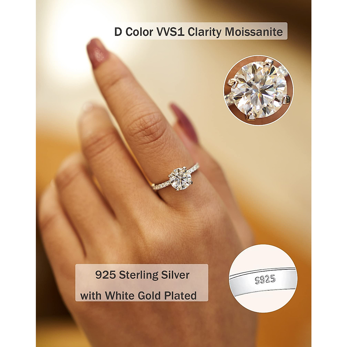 Oivley Moissanite Engagement Rings for Women D Dolor Lab Created Diamond Moissanite Wedding Promise Rings for Her 925 Sterling Silver Rings for Women with 14K White Gold Plated40, Gemstone, Created