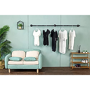 iflove Industrial Pipe Clothing Rack, 70 Inch Wall Mounted Clothes Rack, Wall Racks Hangers Laundry Room for Hanging Clothes, Closet Rods Heavy Duty, Display Rack for Retail, Black with 4 Hooks