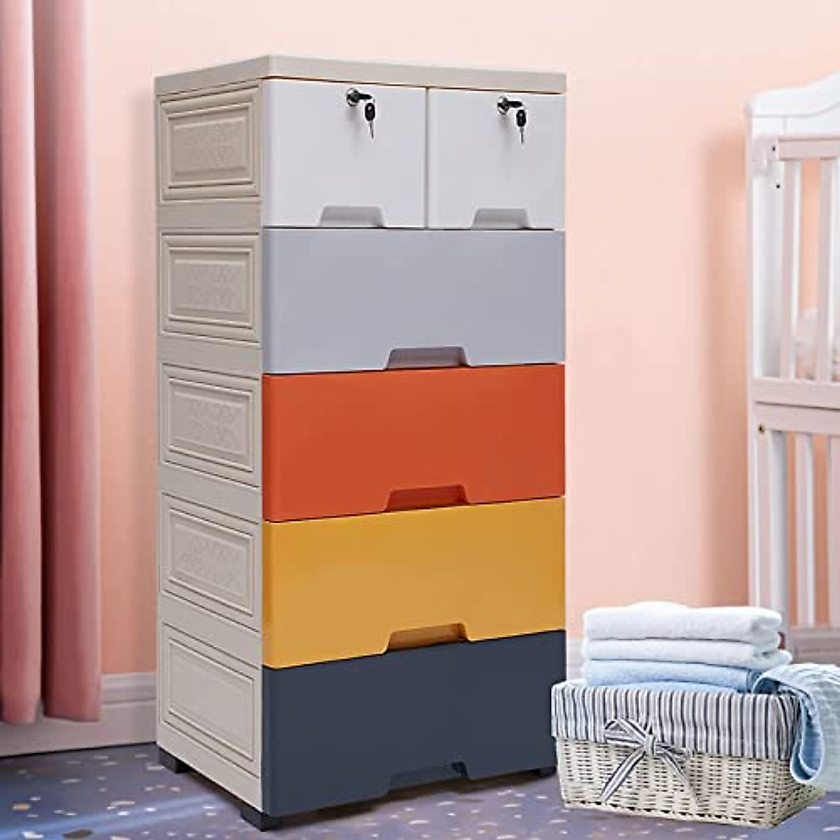DYRABREST Plastic Dresser Storage Tower, Vertical Clothes Storage Tower Drawers Organizer, Modern Deluxe Closet Drawers Organizer with Wheels for Bedroom Furniture,Home, Office (Type2 with Locks)