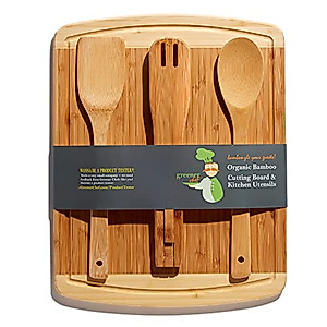 Bamboo Cutting Board Housewarming Gift Set - With Bonus 3-Piece Cooking Utensils - Wooden Spoon, Salad Tongs and Wood Spatula - Mother's Day, Wedding & Kitchen Gadgets Gift Idea