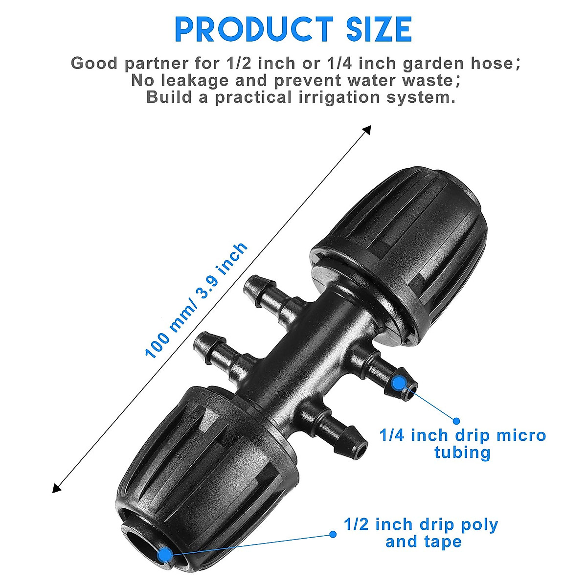 Drip Irrigation Barbed Tee 10 Pieces 1/2 Inch to 1/4 Inch Adapter Irrigation Tubing Connector Barbed Locking Fittings Fits 16 mm Drip Tape Tubing (Black)