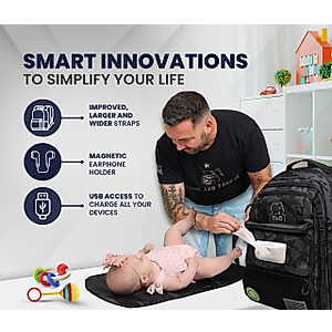 Toddlers and Gunners Dad Diaper Bag, With Diaper Changing Mat, USB Port & Laptop Compartment. Diaper Bag Backpack with Straps for Stroller. Large Diaper Bag for men and women (Black Camo).