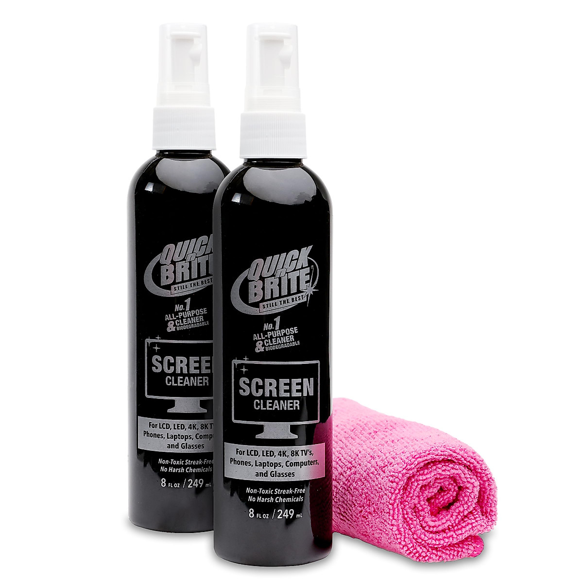 Quick N Brite Screen Cleaner with Microfiber Cleaning Cloth, 2 pc Cleaning Spray for TV, Computers, Laptops, Smartphones and More, 8 oz