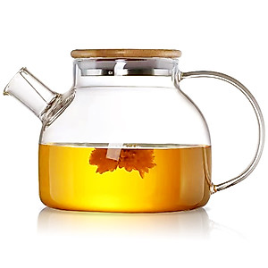 Glass Pitcher with Bamboo Lid, Glass Teapot Stovetop & Microwave Safe, Glass Borosilicate Teapot with Removable Filter Spout, 34oz/1000ml, Teapot for Loose Leaf and Blooming Tea and Fruit Tea