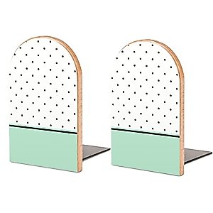 2 Pack Wood Bookends,Mint Green with Black and White Polka Dots Decorative Book Ends Support for Shelves Desktop Organizer Wooden Bookshelf for Home School Office