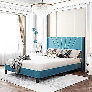 HBRR Queen Size Bed Frame with Velvet Upholstered Headboard, Low Profile Platform Bed with Wood Slats, Fully Upholstered Mattress Foundation, Noise-Free, Easy Assembly, Blue