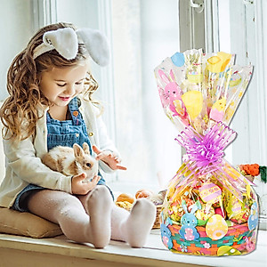 Kolewo4ever 10 pack Easter Basket Bags Happy Easter Jumbo Cello Basket Bags 32 by 22 Inches Easter Bunny Wrap bags Cellophane Wrapping Party Decorations with 10 pieces pull bow