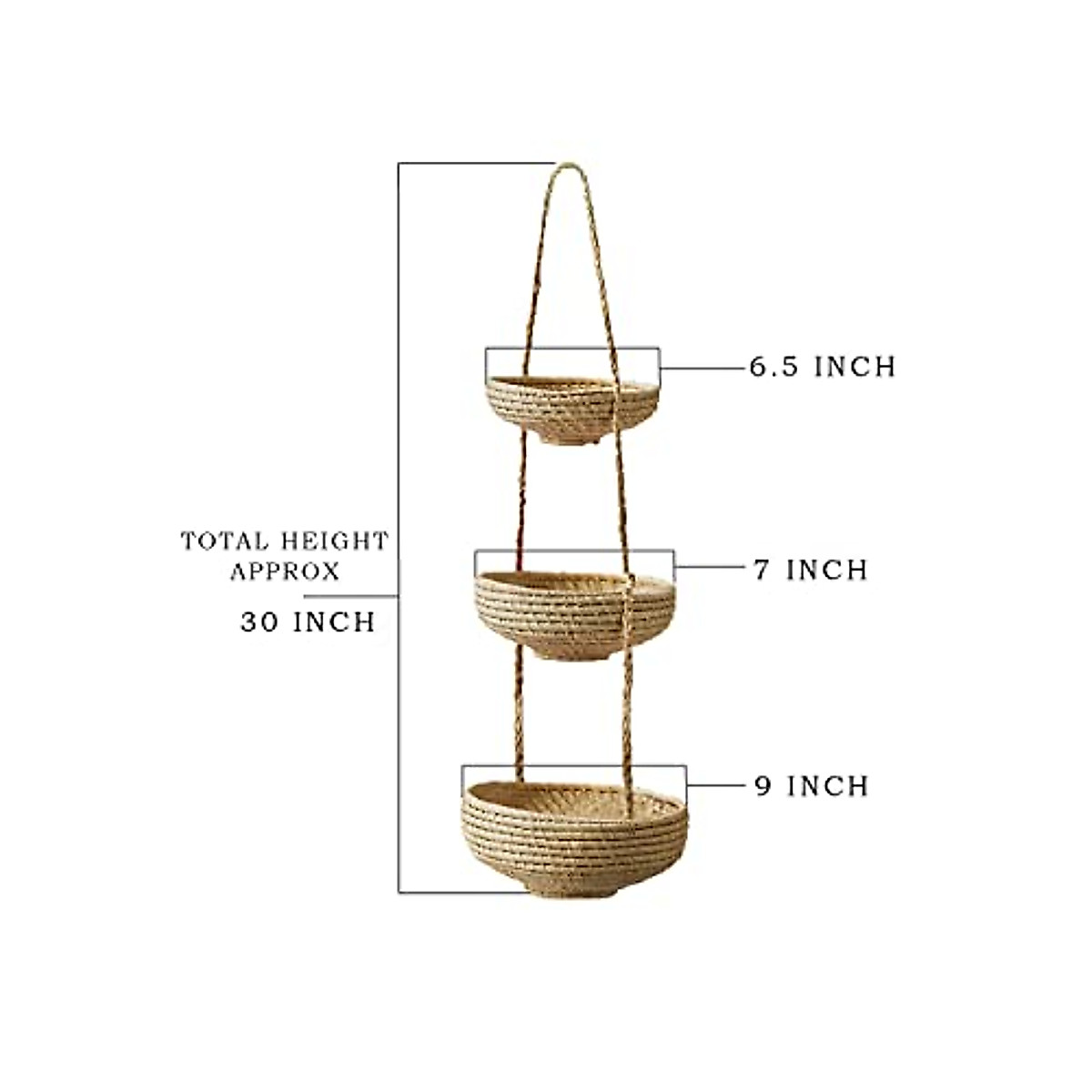 Serene Spaces Living Hanging Raffia Baskets for Your Kitchen – 3 Fair Trade Handmade Decorative Storage Baskets from Madagascar for Fruit and Vegetables