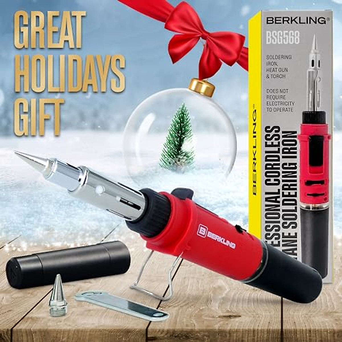 Berkling BSG-568 3-IN-1 Cordless Butane Gas Soldering Iron, Heat Gun Blower, Mini Torch - Self-Ignite, Instant Start, Rechargeable, Light Weight, Portable, Adjustable Flame Control, Up to 90 Mins