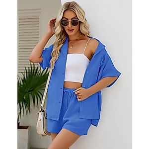 Flygo Women's Two Piece Shirts Sets Short Sleeve Summer Casual Linen Shirt Elastic Waist Short Sets Outfits(RoyalBlue-XL)