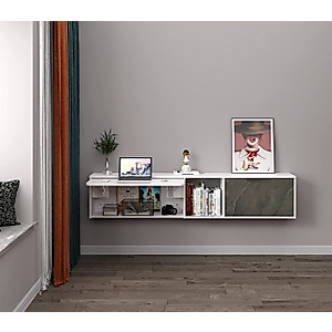 Pmnianhua Floating Wall Desk with Storage Shelves, 70'' Large Wall Mounted Desk Laptop Computer Writing Study Table for Bedroom Small Space (Grayish White-Left)