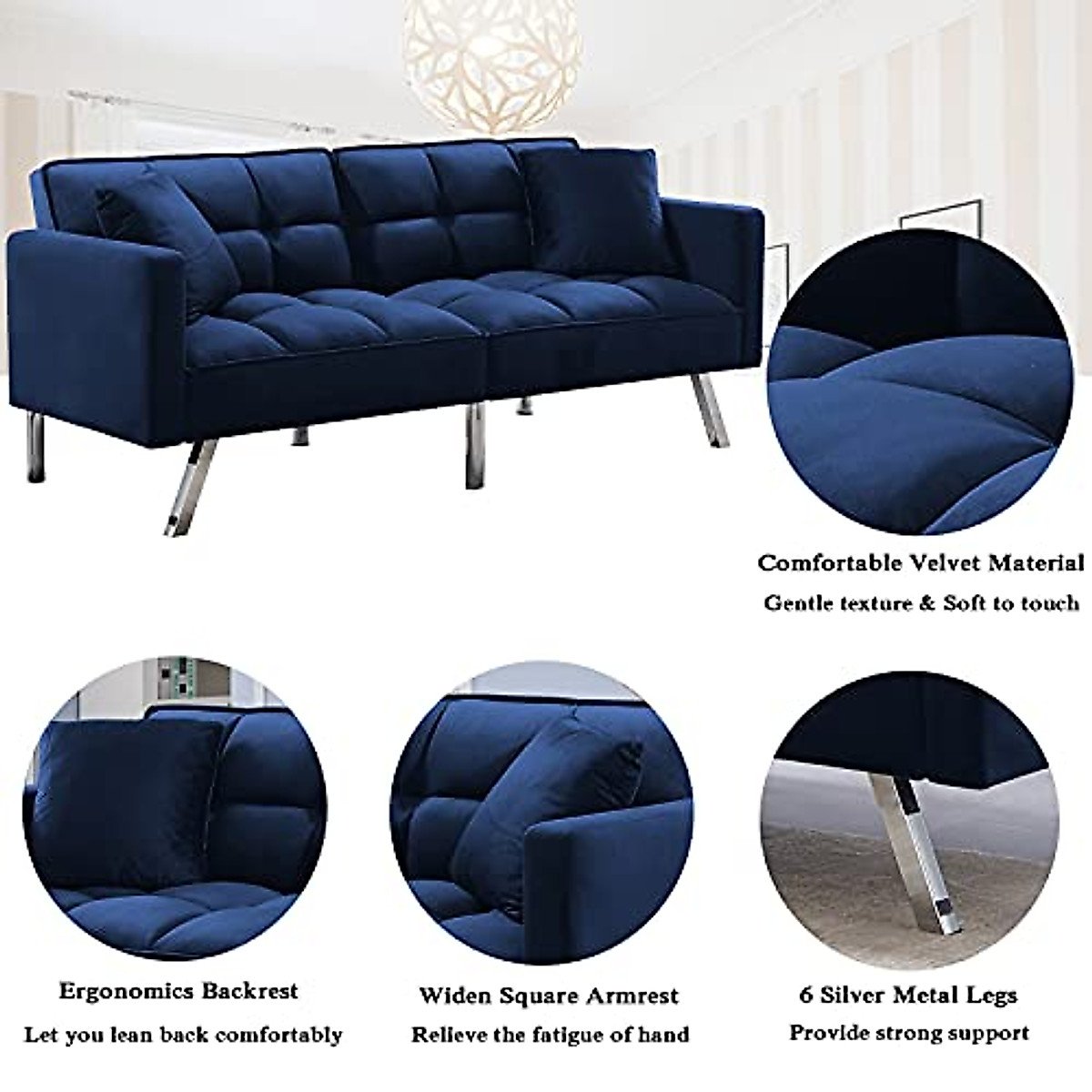 Velvet Futon Sofa Bed with Two Pillows, Convertible Sleeper Sofa Couch with 3 Angle Adjustable Backrest, Modern Loveseat with 6 Metal Legs for Living Room, Bedroom (Blue)