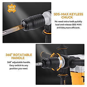 Hoteche 1-9/16-Inch SDS Max Rotary Hammer Drill - 12.5A 3 Funtions Heavy Duty Demolition Hammer for Concrete Drilling with Drill Bit, Chisel and Carrying Case
