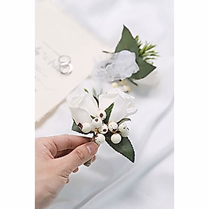 FAYBOX Wrist Corsage Wristlet and Men Boutonniere Set Bridesmaid Wedding Party Prom Hand Flower Decor(2Pcs Ivory Set)