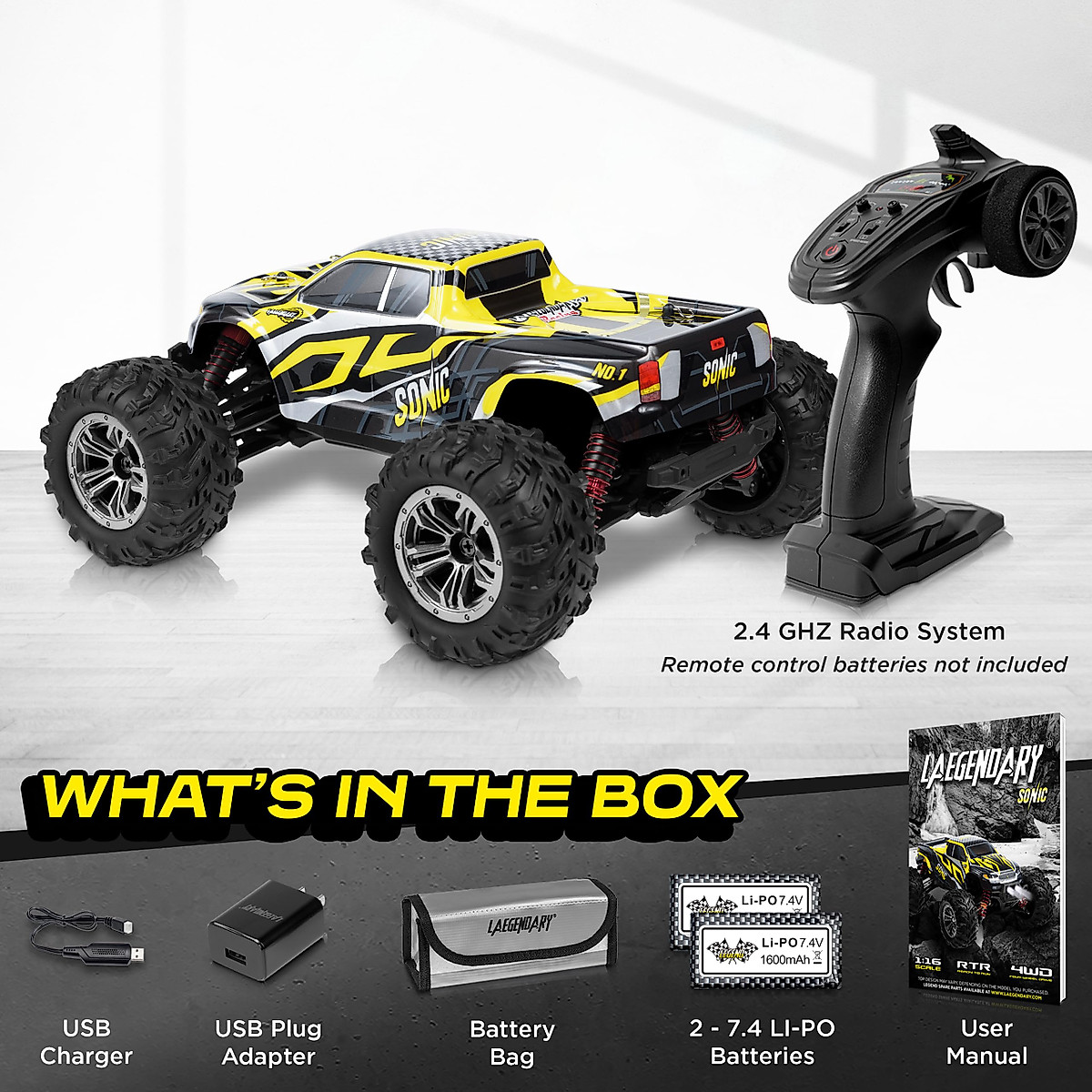 LAEGENDARY 1:16 Scale 4x4 Off-Road RC Truck - Hobby Grade Brushed Motor RC Car with 2 Batteries, Waterproof Fast Remote Control Car for Adults