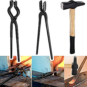 Blacksmith Tongs+Hammer Set Knife Making Tongs Wolf Jaw V-Bit Tongs Starter Beginner Bladesmith Metalworking Forge Anvil Vise Tool 0000811-1000 (3 PCS)