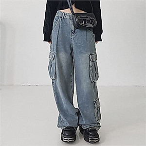 Jeans for Women Y2k Low Waist Wide Leg Denim Jeans Loose Baggy Cargo Jeans Vintage E-Girl Streetwear (Blue2, M)