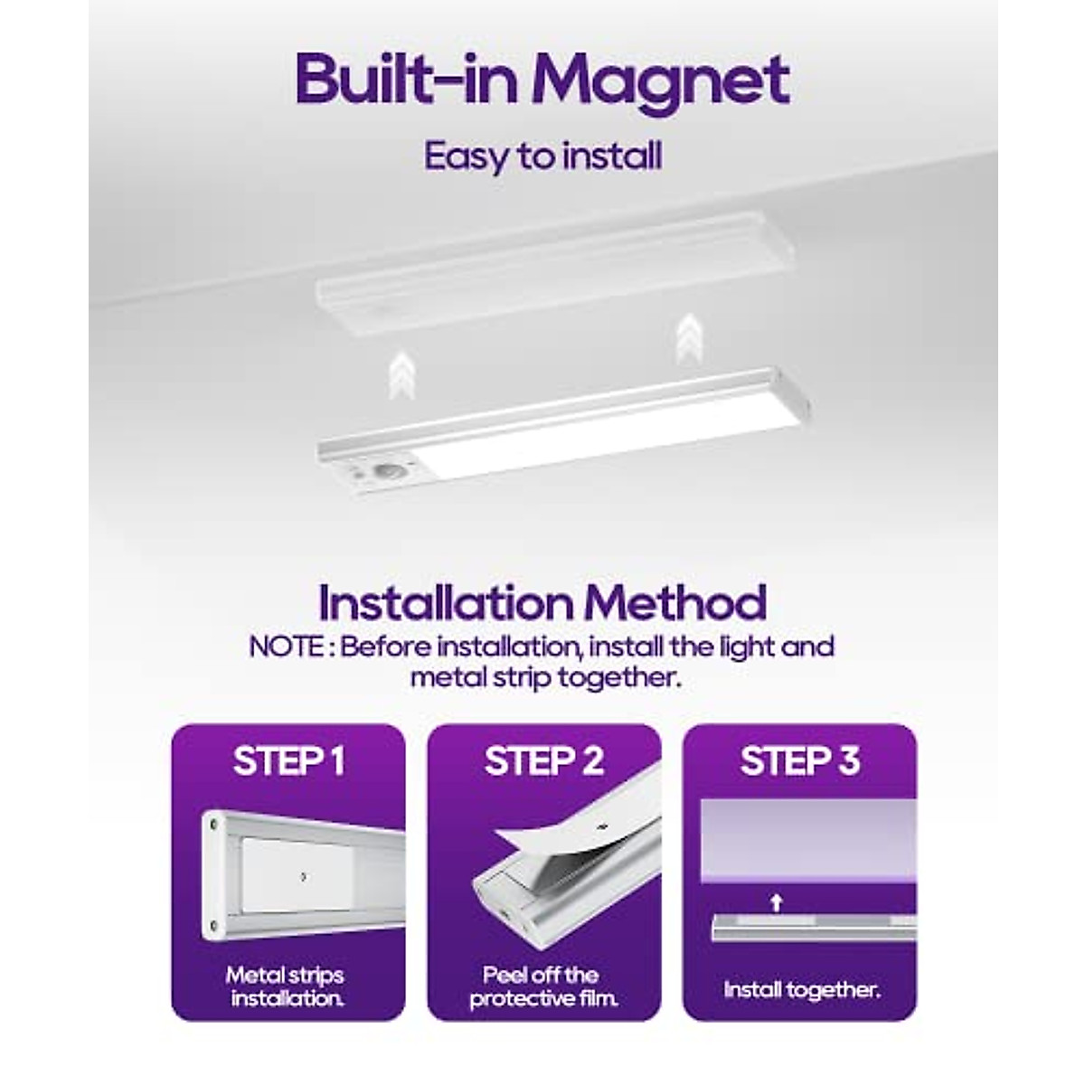 Auxoda Under Cabinet Lights, LED Lights Motion Sensor Light Indoor, Under Cabinet Lighting, 2 Pack 8 Inch 7000K 31 LED Wireless USB Rechargeable Under Counter Lights, Lights for Bedroom, Closet Lights