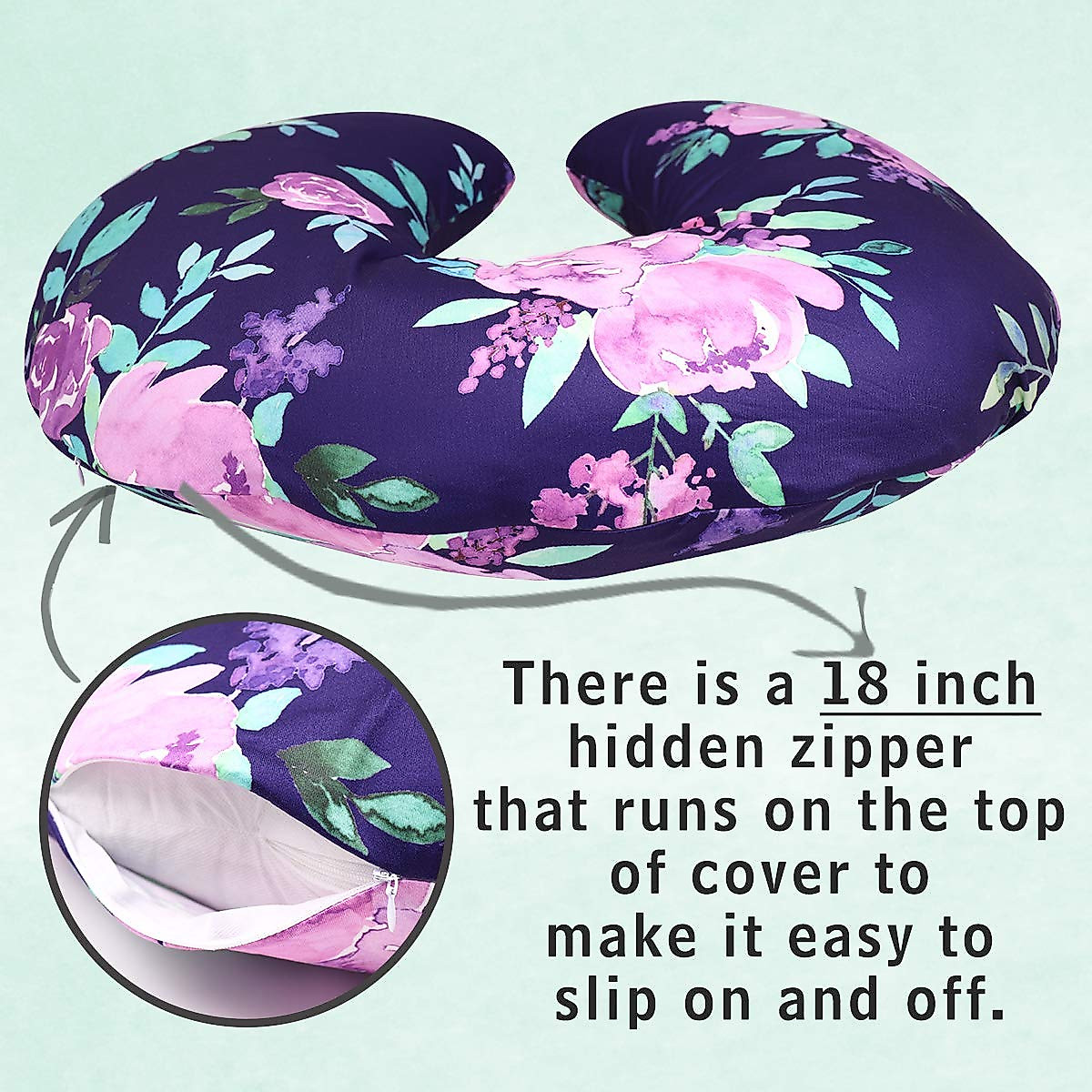 Purple Floral Nursing Pillow Cover, Breastfeeding Pillow Slipcover for Baby Boys & Girls, Nursing Pillow Case for Newborn, Soft Fabric Fits Snug On Infant, Washable & Breathable, Watercolor Flower