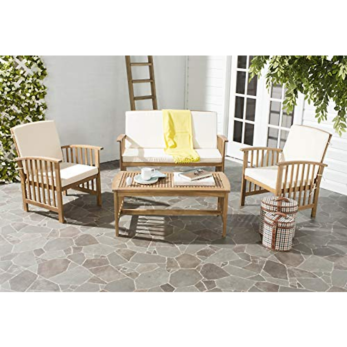 SAFAVIEH Outdoor Collection Rocklin Natural/ Beige 4-Piece Conversation Patio Set with Cushions