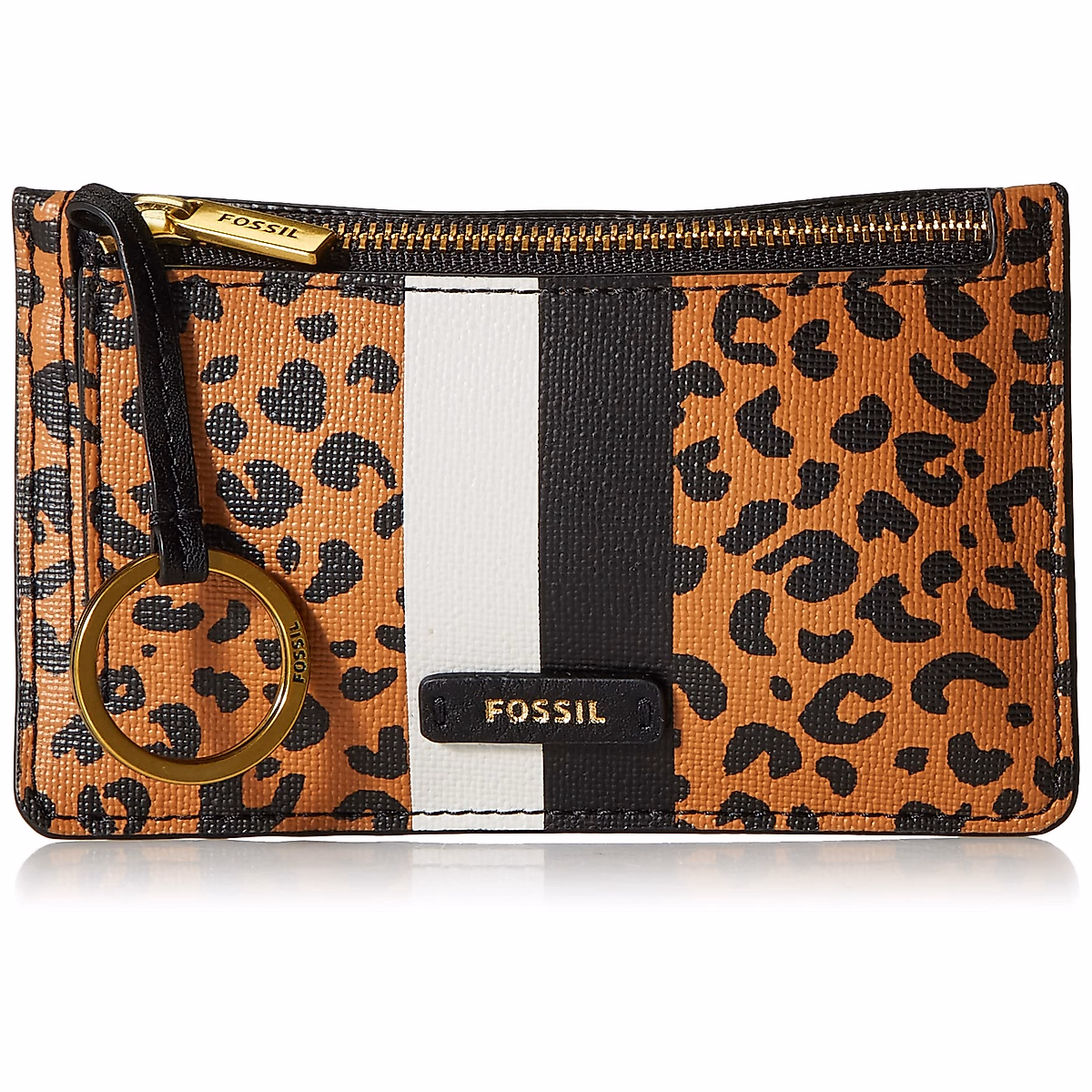 Fossil Women's Logan Faux Leather Wallet Slim Minimalist Zip Card Case with Keychain, Cheetah (Model: SL6356989)