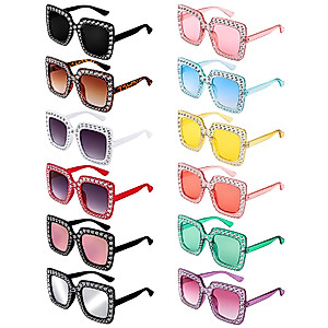 LYMOJOR 12 Pack Rhinestone Sunglasses Bulk, Oversized Square Fun Bling Crystal Sunglasses for Women Party Favors