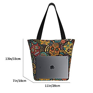 antkondnm Mexican Sugar Skulls Tote Bags Shoulder Bag with Zipper for Women Reusable Shoppers Tote…