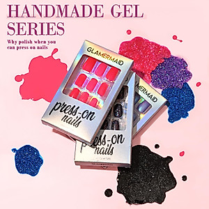 GLAMERMAID White Press On Nails Short Almond, 3D Gothic Handmade Soft Jelly Gel Fake Nails with Golden Star Blossom Design, Round Oval Stick Glue on Nail Kit for Women, Reusable Acrylic False Nail Set