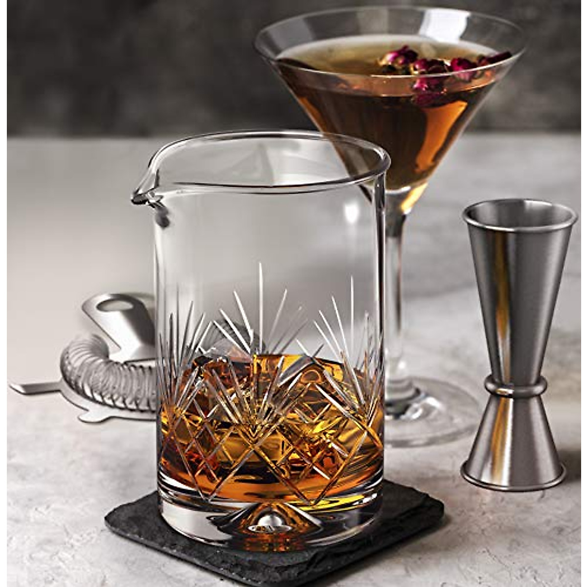 MOFADO Crystal Cocktail Mixing Glass Set - 5 Piece - 18oz 550ml Thick Bottom Crystal Mixing Glass, Spoon, Jigger, Strainer & Muddler - Professional Quality - Makes a Great Gift 