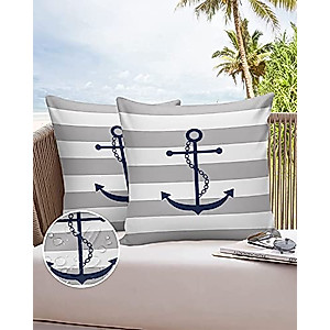 Outdoor Waterproof Throw Pillow Covers 2 Pack Square Pillowcases Grey White Stripes Anchor Pillow Protectors Decorative Cushion Cases for Patio,Garden,20x20 Inch
