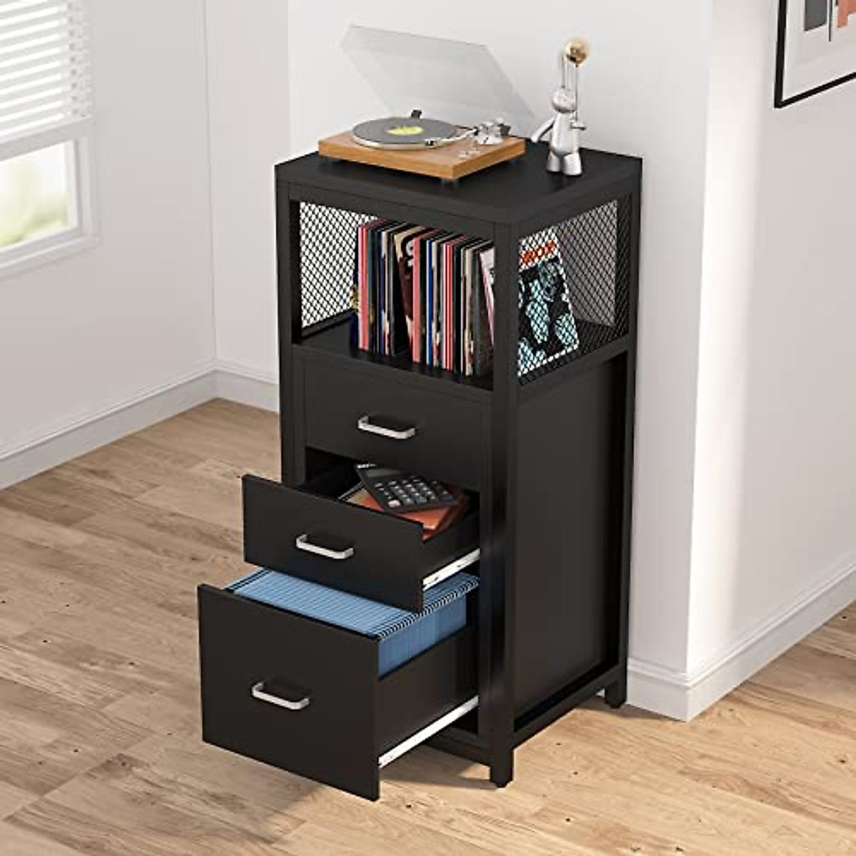 Tribesigns 3 Drawer File Cabinet for Letter Size, Modern Vertical Filing Cabinet Printer Stand with Metal Wire Storage Shelves for Home Office(Black)