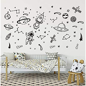 Wall Decor for Boys Room Art Outer Space Star Rockets Planets Stickers Removable Space Wall Decal for Children Bedroom Decoration (Black)