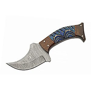 Damascus Steel Blue Pueblo Wood Handle 8 inch Hunting Knife